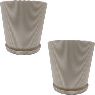 Relaxdays Blumentopf, 2er Set, Pflanztopf mit Untersetzer, Rillen, H x D: 20 x 20 cm, Kräutertopf, Kunststoff, beige