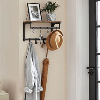 Vasagle Porte Manteau Mural, Meuble Entr&eacute;e, Vestiaire, avec 8 Crochets et &Eacute;tag&egrave;re, pour Salon, Couloir, Chambre, 40 x 24 x 24 cm, Marron Rustique et