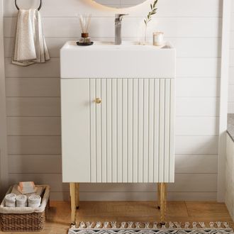 Generic Waschtisch mit Unterschrank 55 cm Wei&szlig; Badm&ouml;bel Set f&uuml;r G&auml;ste WC Stehend Keramik Waschbecken Kleiner Waschplatz mit Seitlichem Regal Modernes 3D Desig