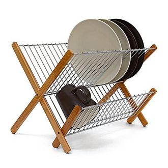 Relaxdays Abtropfgestell CROSS, zum Klappen, f&uuml;r Teller, Tassen, Bambus, Metall, Abtropfst&auml;nder, 27 x 39 x 29 cm, natur