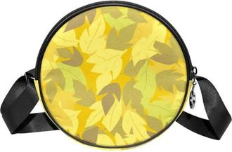 Generic Sac &agrave; bandouli&egrave;re rond pour femme, motif feuilles jaunes, petit sac &agrave; bandouli&egrave;re avec fermeture &eacute;clair, bretelles r&eacute;glables, sac &agrave; main rond d&eacute;contra