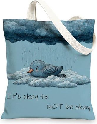 Generic Sac fourre-tout en toile motif oiseau bleu mignon léger lavable bandoulière sacs dépicerie pour un usage quotidien, voyage, plage, bleu, 13x15 Inch