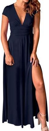 Generic Robe De Soir&eacute;e Femme D&eacute;Collet&eacute; en V Profond- Robe Longue Manches Courtes &agrave; Taille Haute Fendue Maxi Robes Chic Et &eacute;L&eacute;Gant pour Princesse Cocktail Bal 