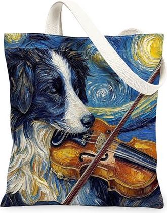 Generic Sac fourre-tout en toile motif Border Collie pour faire du shopping 33 x 38,1 cm, motif violon &eacute;toil&eacute;, sac &agrave; bandouli&egrave;re r&eacute;utilisable pour femme, anim