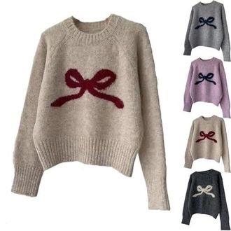 Generic Pull élégant pour femme, pull à col rond, imprimé noeud, décontracté, coupe ample, pull dhiver mignon, beige, 38-40