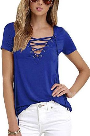 Onsoyours T-Shirts à Manches Courtes Femme Chic Hauts Manches Courtes À Lacets Col V Décontractée Imprimée Casual Couleur Unie Chemisière Tops Blouse A Bleu 42