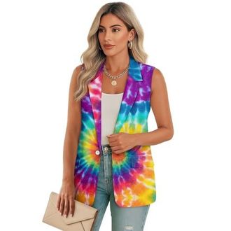 CHAQLIN Gilet sans manches pour femme - Style vintage - Boutonné - Avec poches, Tie-dye, 5XL