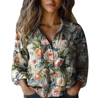 Generico Chemise Femme d&Eacute;t&eacute; D&eacute;contract&eacute; &agrave; Manches Longues Chemises Coton Et Lin Curvy Respirant T Shirt Col en V Doux Chemisier Vintage Imprim&eacute; avec Boutons Mo