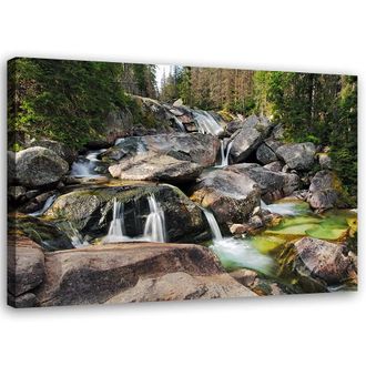 Feeby Bild auf Vlies Leinwand Wasserfall Teich Natur 40x30 cm Kunstdruck Modern Wandbilder Deko Flur Wohnzimmer Kaskadenfelsen-Bäume Grün