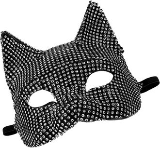 DOITOOL Strassbesetzte Katzenmaske Halb Gesicht Glamourös Festliche Damen Masquerade für Karneval Cosplay Halloween Partys und Maskenbälle Komfortabel und Sti