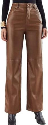 Generic Pantalon en cuir PU de couleur unie pour femme - Taille haute - Droit - Style d&eacute;contract&eacute; - Pour f&ecirc;te, soir&eacute;e, marron, S