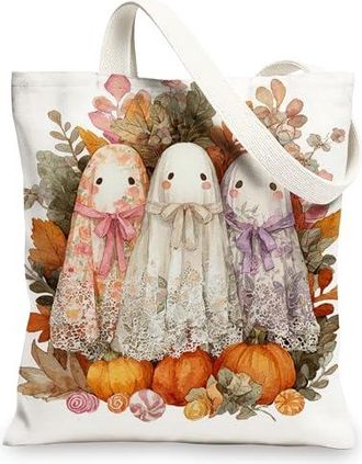 Generic Sacs fourre-tout en toile avec motif fantômes dautomne, sacs dépicerie réutilisables, légers et lavables avec bandoulière, Blanc, 13x15 Inch