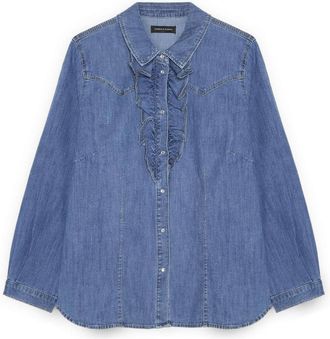 Fiorella Rubino Femme, Blouses et Chemises, Bleu, Taille: 46 FR Chemise en jean &agrave; volants