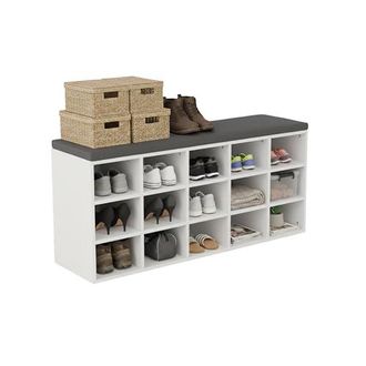 Relaxdays Schuhbank, Sitzkissen & 15 Fächer, Flur, Garderobe, Schlafzimmer, Schuhregal, Schuhaufbewahrung, weiß/grau