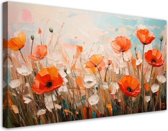 Feeby Wandbilder - Bilder Schlafzimmer - Mohnblumen Blumen auf einer Wiese - 80x40 1tlg - Wohnzimmer Bild Gro&szlig; - Wohnungs - Foto Geschenk - Leinwand Wall Ar