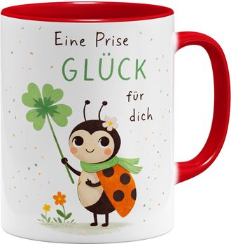 OM3 Eine Prise Gl&uuml;ck Kaffee-Tasse mit Spruch - Liebevolle Spruchtasse mit Marienk&auml;fer - Keramik Becher - 325ml - Beidseitig Bedruckt - Rot