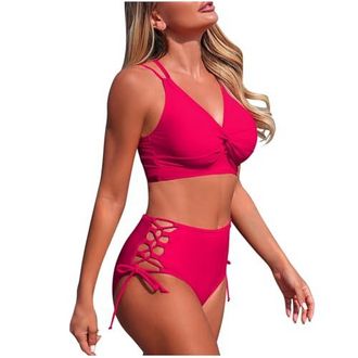Generic Maillot de bain deux pi&egrave;ces taille haute pour femme - Effet gainant - Effet push-up et cordon de serrage - Maillot de bain crois&eacute; &agrave; nouer dans le dos,