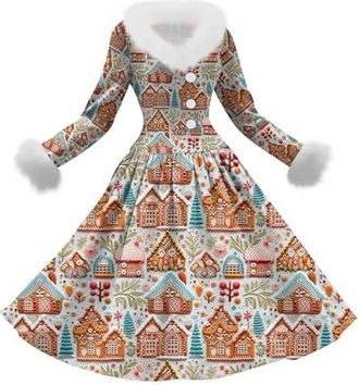 Generic Robe de Noël élégante pour femme - Col en V - Motif sapin de Noël - Robe décontractée - Longueur genou, marron, XL