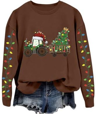 Generic Sweat-shirt de No&euml;l pour femme avec imprim&eacute; sapin de No&euml;l et col rond - Cardigan tendance &agrave; manches longues, marron, XXL