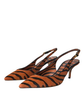 Dolce & Gabbana Womens Black Orange Zebra Leather Slingbacks Shoes Pony Hair