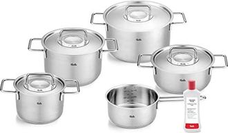 FISSLER Pure Collection/Edelstahl-Kochtopfset, 6-teilig, Töpfe mit Metall-Deckel (3 Kochtöpfe,1 Bratentopf 1 Stielkasserolle 1 Edelstahlpflege) - Induktion, S