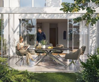 DELIFE Outdoortisch Edge 200x100 cm Keramik Laminam Nero Greco Anthrazit Kreuzgestell Rechteck Edelstahl, Esstische