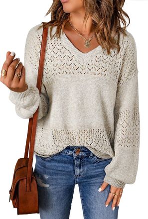 Dokotoo Damen Pullover Elegant V Ausschnitt Langarm Strickpullover Herbst Winter Feinstrick Pulli Einfarbig Lose Oberteile Shirt Tops, weiß, XL