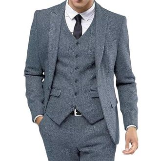 Generic Costume r&eacute;tro en tweed 3 pi&egrave;ces pour homme - En laine &agrave; chevrons - Coupe ajust&eacute;e - Coupe ajust&eacute;e - Style formel et d&eacute;contract&eacute;, bleu, 5XL