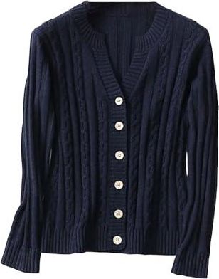 Generic Cardigan en tricot torsad&eacute; &agrave; manches longues et col en V pour femme, Bleu marine, S