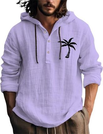 Generic Chemise en lin pour homme - Coton et lin - Sweat &agrave; capuche - Manches longues - Chemise d&eacute;t&eacute; &agrave; manches longues - Avec capuche - Boutonni&egrave;re - Couleur u