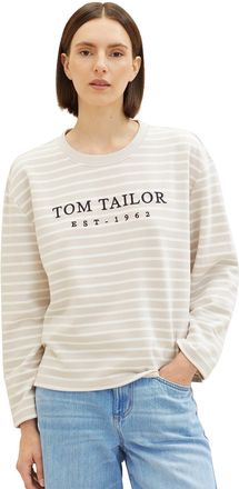 Tom Tailor Damen 1038179 Sweatshirt mit Streifen & Print, 32396-grey Offwhite Stripe, M