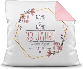 Tassendruck Kissen Hochzeitstag Zinn Hochzeit - mit Name & Datum selbst gestalten - 33 Jahre Ehe, Geschenk Hochzeit, Jubiläum, Jahrestag - Farbkissen Rückseite Ro