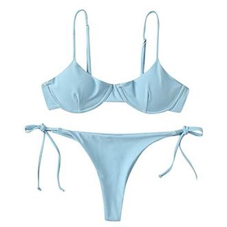 Generic Maillot de bain pour femme avec col en V push-up - Contr&ocirc;le du ventre - Taille haute - Triangle - Rembourr&eacute; - V&ecirc;tements de vacances pour femmes, bleu,