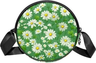 Generic Sac &agrave; bandouli&egrave;re rond pour femme, marguerites blanches fra&icirc;ches, petit sac &agrave; bandouli&egrave;re avec fermeture &eacute;clair, bretelles r&eacute;glables, sac &agrave; main rond 