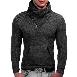Generic Pull en tricot épais pour homme - Col châle - Anthracite - Col roulé - Manches longues - Tricot torsadé - Style décontracté - Thermique - Col roulé, G