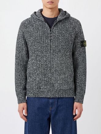 Stone Island Gerippter Baumwoll-Cardigan mit Kapuze, Rei&szlig;verschluss und Logo