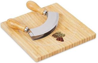 Relaxdays Wiegemesser mit Brett, Bambus & Edelstahl, zweischneidiges Kräutermesser, Kräuterbrett 20x20 cm, natur/silber