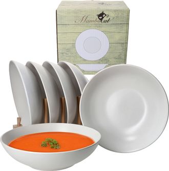 MamboCat White Biata 6x Suppen-Teller I Steingut-Geschirr matt-weiß für 6 Personen - zeitlos-elegantes Design I 6er tiefe Teller-Set - in moderner matter Optik