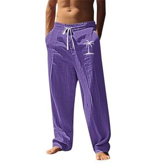 Generic Pantalon de plage pour homme - Taille &eacute;lastique - Style d&eacute;contract&eacute; - Imprim&eacute; cocotier - En lin - L&eacute;ger - Cordon de serrage - Jambe droite - Pantalon 