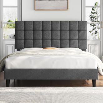 Yaheetech 160 x 200 cm Doppelbett, Stabiler Bettrahmen mit h&ouml;henverstellbarem Kopfteil, Gepolstertes Bett Bettgestell mit Lattenrost - Dunkelgrau