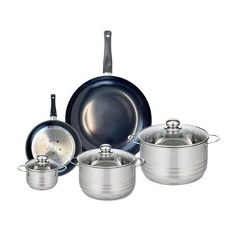 Fackelmann ELO 9729950 Batterie de cuisine 5 pièces, Ensemble de 2 Poêles de cuisson 20 et 32 cm et 3 faitouts 12, 20 et 24 cm Elo Prima Brillant, inox, inductio
