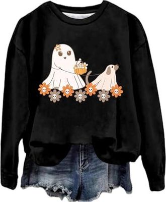 Generic 2026 Printemps Femmes Imprim&eacute;s &Agrave; Manches Longues L&eacute;ger Sweatshirts Col Rond Pull Graphique Tops Blouses Amples, Noir, XXL