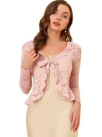 Allegra K Damen Spitzenbolero Langarm Bolero Durchsichtig R&uuml;schensaum Crop Blumen Shrug Rosa XL