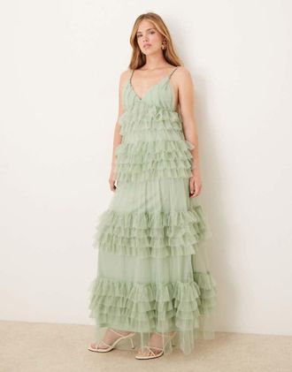Vero Moda Robe longue en tulle à volants - Vert sauge