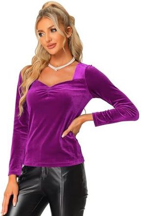 Allegra K Hauts De Chemisier en Velours Rétro Plissés À Col en Coeur pour Femmes Halloween Costume Rose Violet L