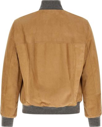 Brunello Cucinelli Suede Bomber with Knit Trim Jacket - Camel