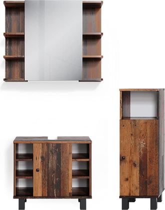 Vicco Badmöbel-Set Eiche rustikal Fynn, bestehend aus Bad Spiegelschrank, Waschbeckenunterschrank, Midischrank - mit Fächern für Flexible Aufbewahrung