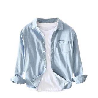 Generic Chemise classique en jean pour homme - En coton - Coupe ajustée - Manches longues - Style décontracté, bleu clair, 3XL