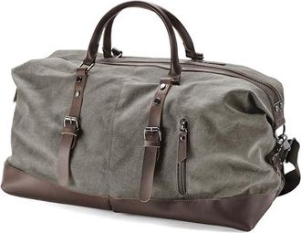 Trendhim Sac de Sport en Toile Gris m&eacute;tallique et Cuir Marron pour Homme avec Compartiment &agrave; Chaussures Sac de Voyage Polyvalent