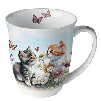 Ambiente Teetasse Kaffeetasse Becher Mug 0,4l Katzen in Blumenwiese Tasse Fine Bone China Porzellan